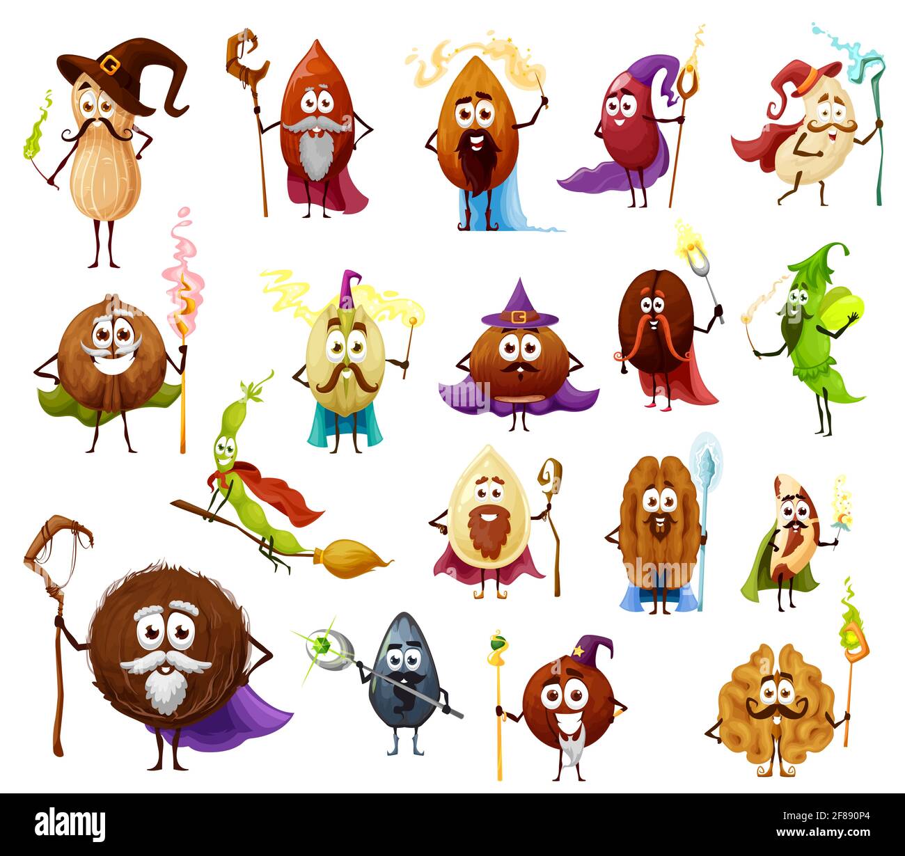 Nut, seed and bean magician and wizards cartoon vector characters cute ...