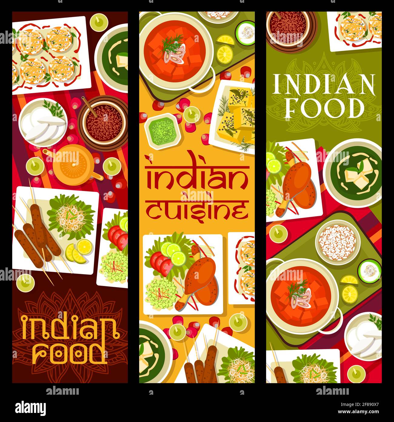 Indian food restaurant dishes vector banners. Lamb kebab, masala tea ...