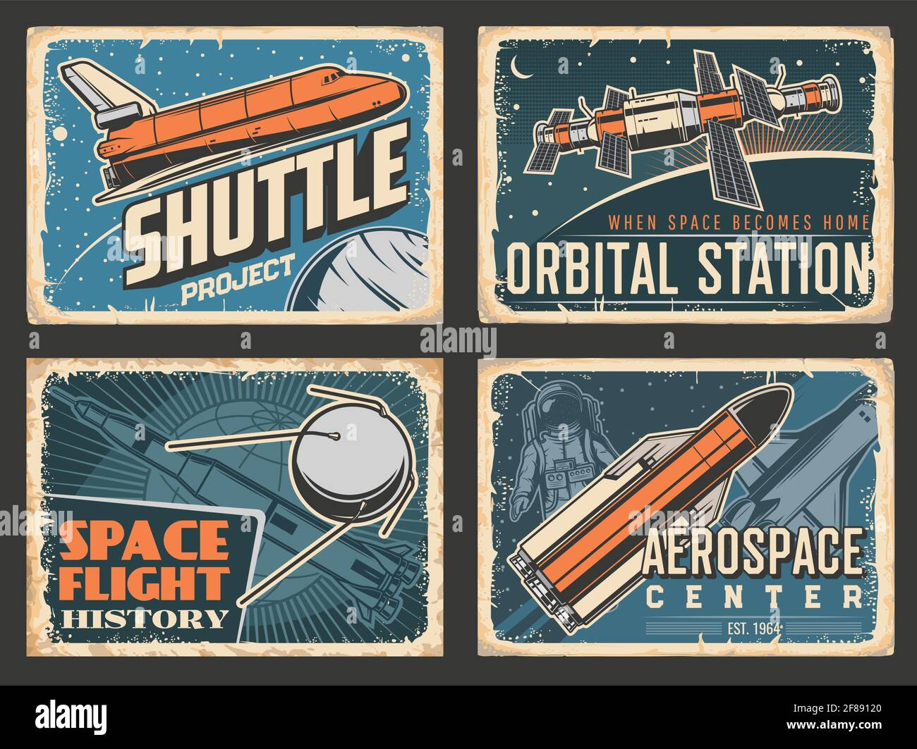 Space retro posters, orbital station and shuttle rocket launch project ...