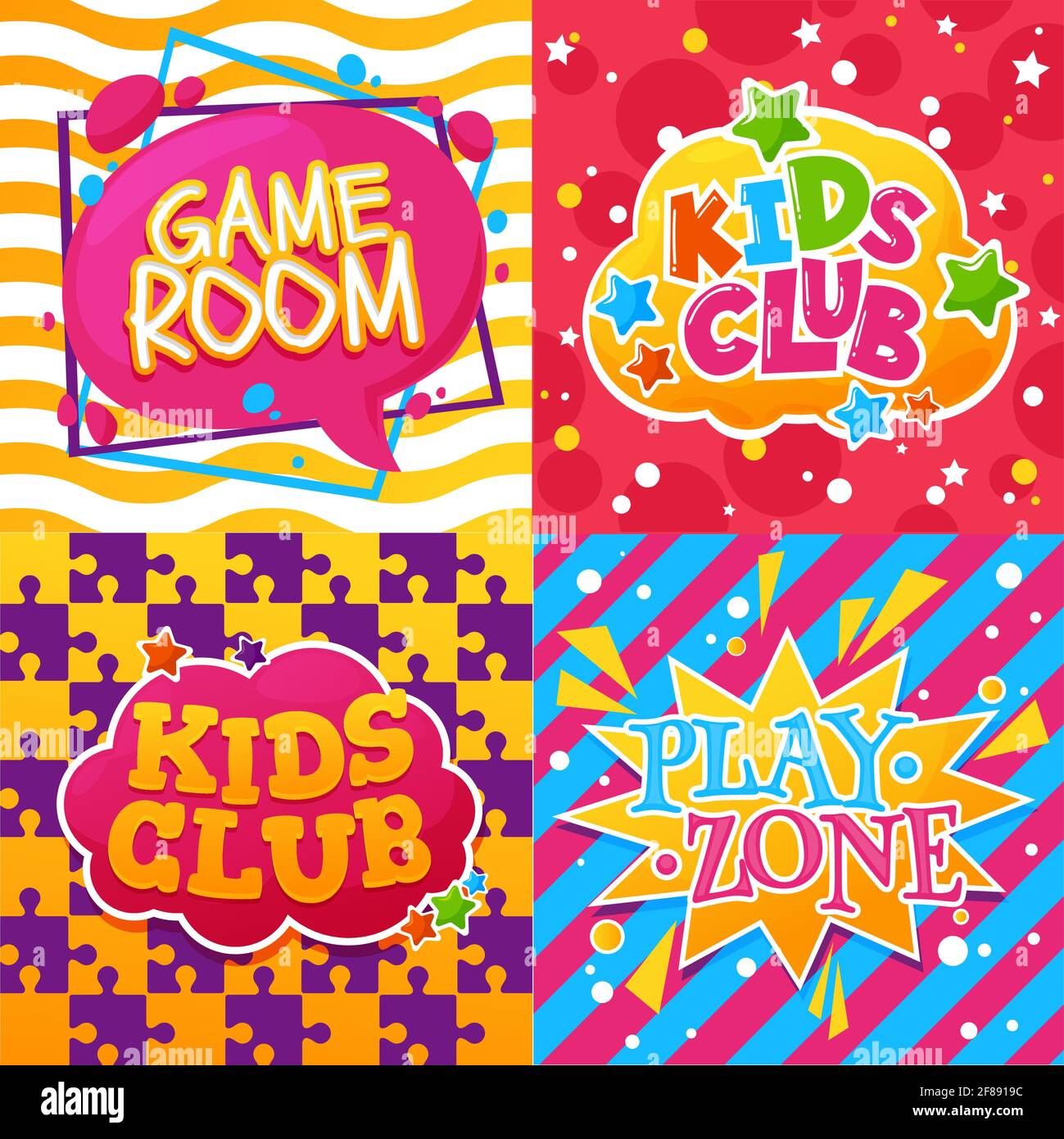 Kids club, game room and play zone cartoon posters of vector child ...