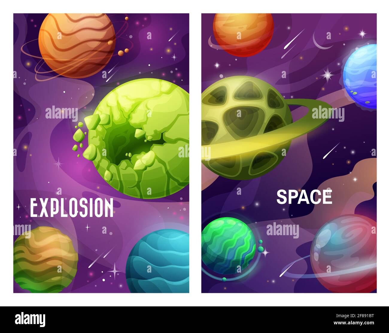 Space and planets, explosion in galaxy and asteroids attack, vector ...