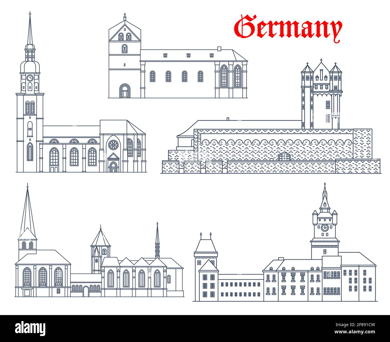Germany landmark buildings, castles, cathedrals and churches, vector ...