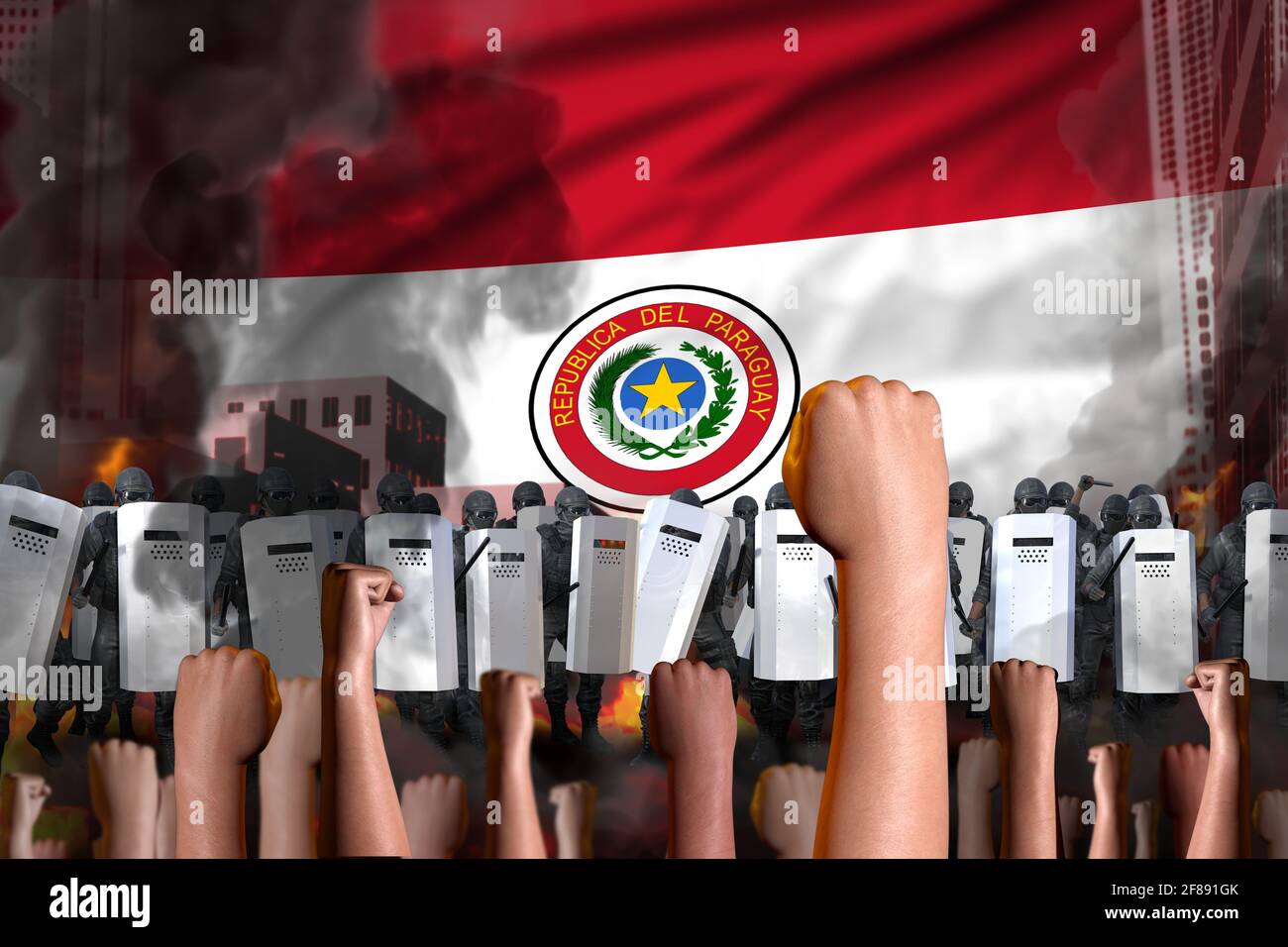 riot fighting concept - protest in Paraguay on flag background, police ...