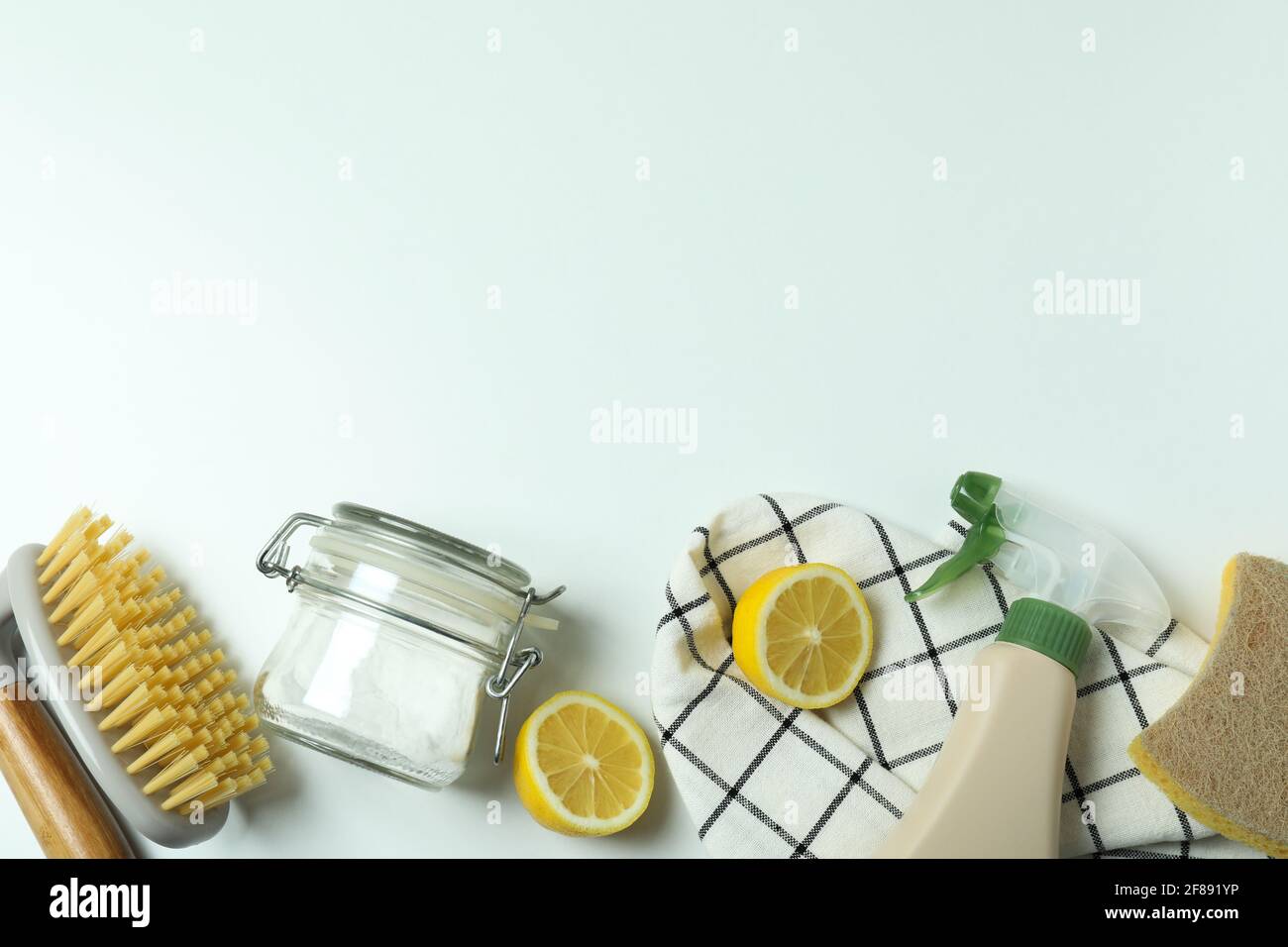 Eco friendly cleaning tools on white background, space for text Stock ...