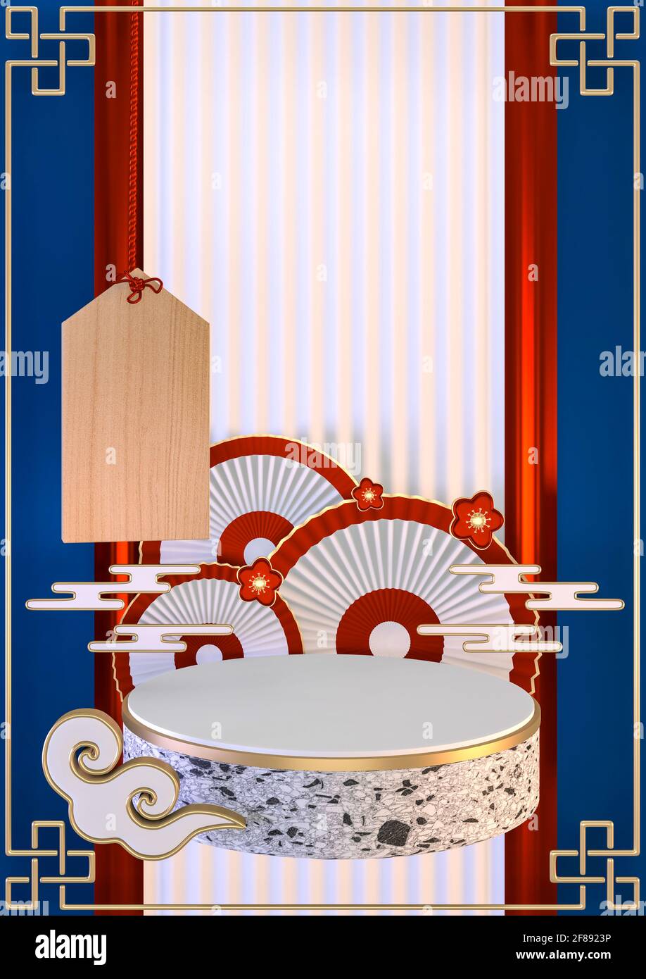 Art blue vertical background Japanese style for show the product. 3D ...