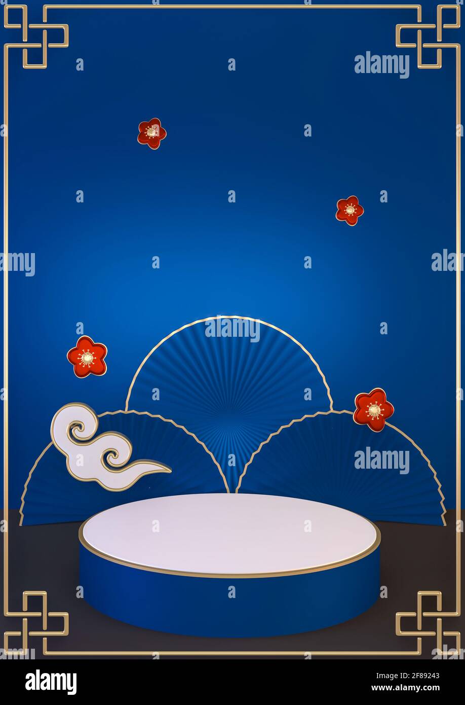 Art blue vertical background Japanese style for show the product. 3D ...