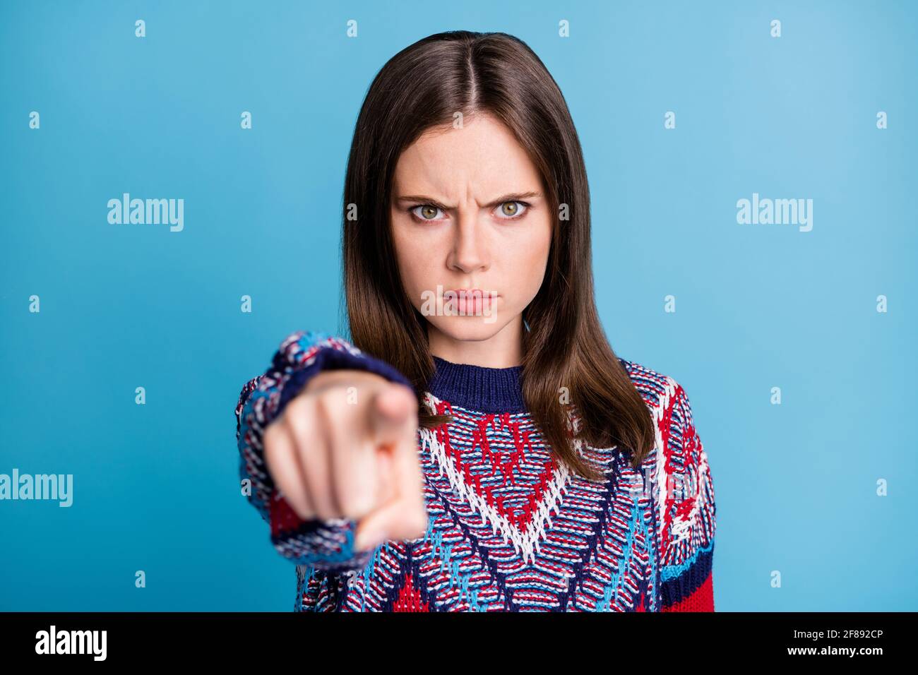 Photo of young angry girl indicate finger you accuse blame trouble ...