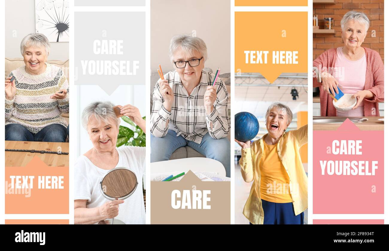 Collage of happy elderly woman. Take care of yourself Stock Photo - Alamy