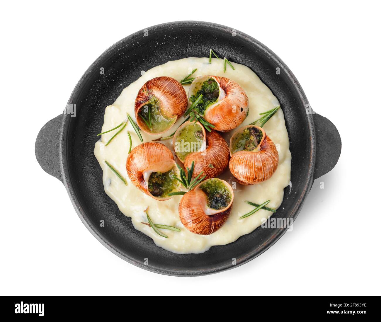 Frying pan with tasty snails on white background Stock Photo - Alamy