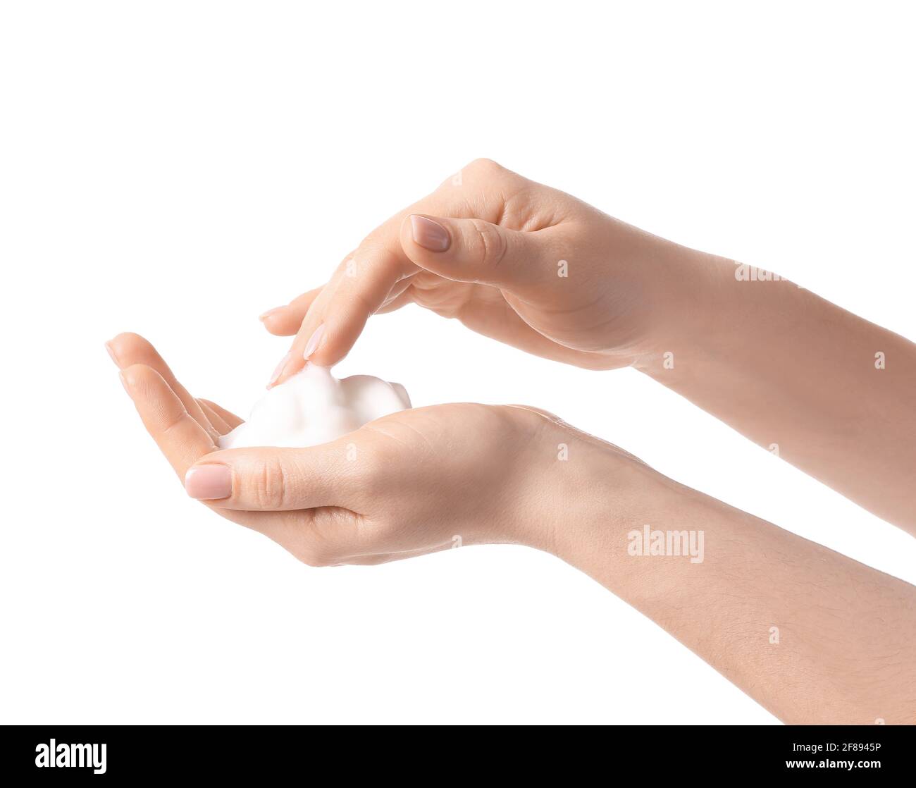 Female hands with foam on white background Stock Photo - Alamy