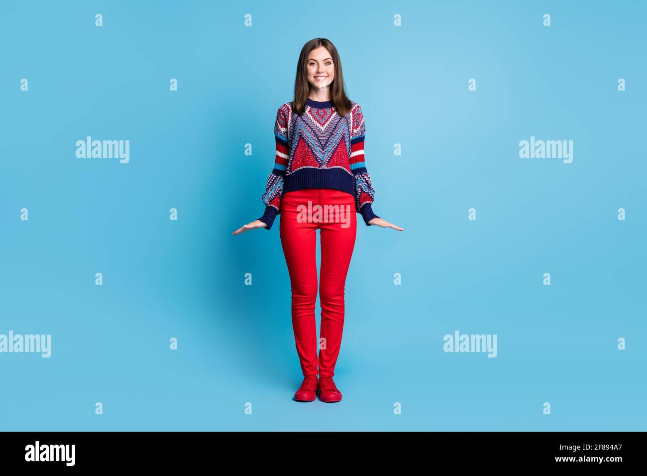 Full length body size view of attractive cheerful shy modest girl ...