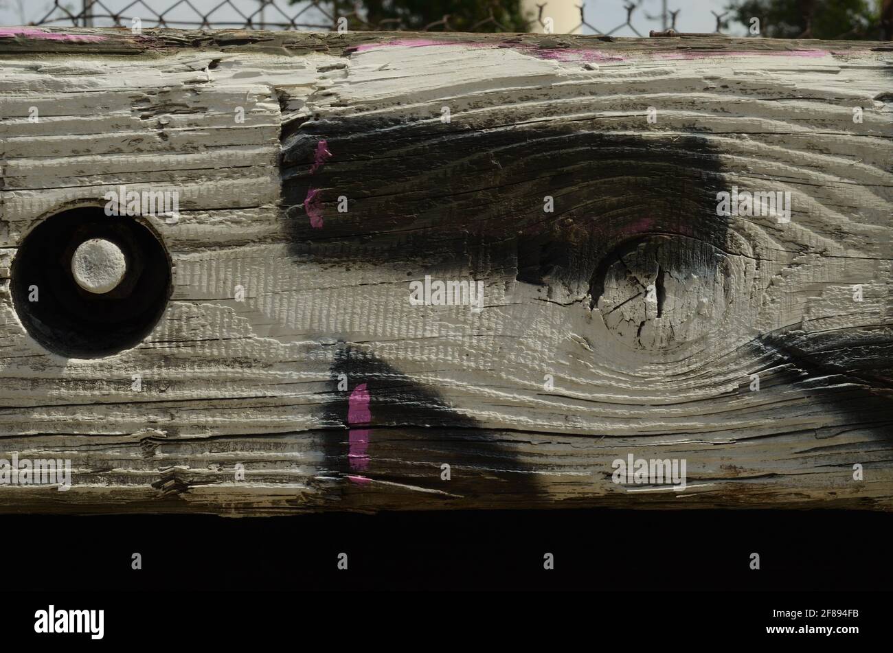 Letter R white letter painted on old brown black railroad tie, giving ...