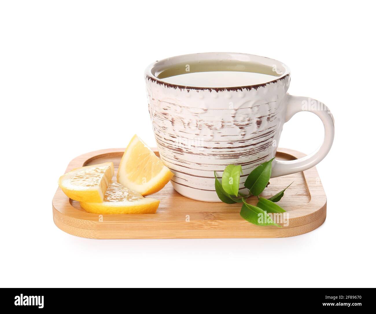 Tray with cup of green tea on white background Stock Photo - Alamy