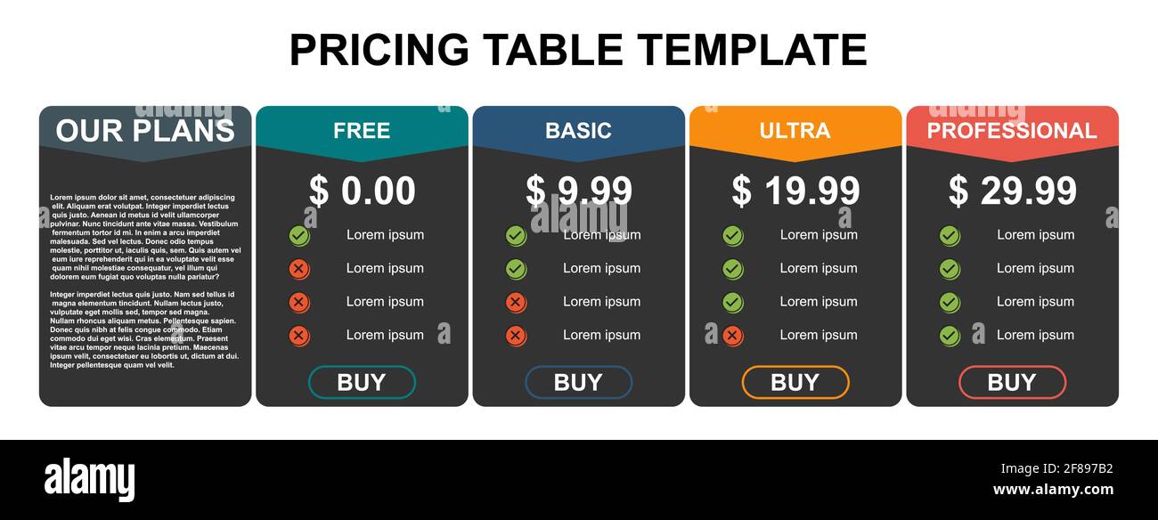 Pricing table, plan list, or comparison template vector. Business ...