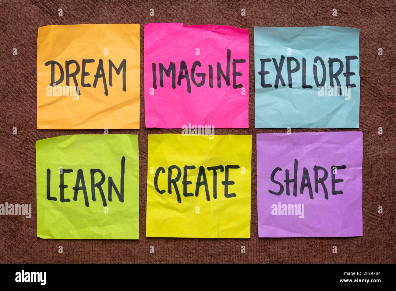 dream, imagine, explore, learn, create, and share - set of sticky notes ...