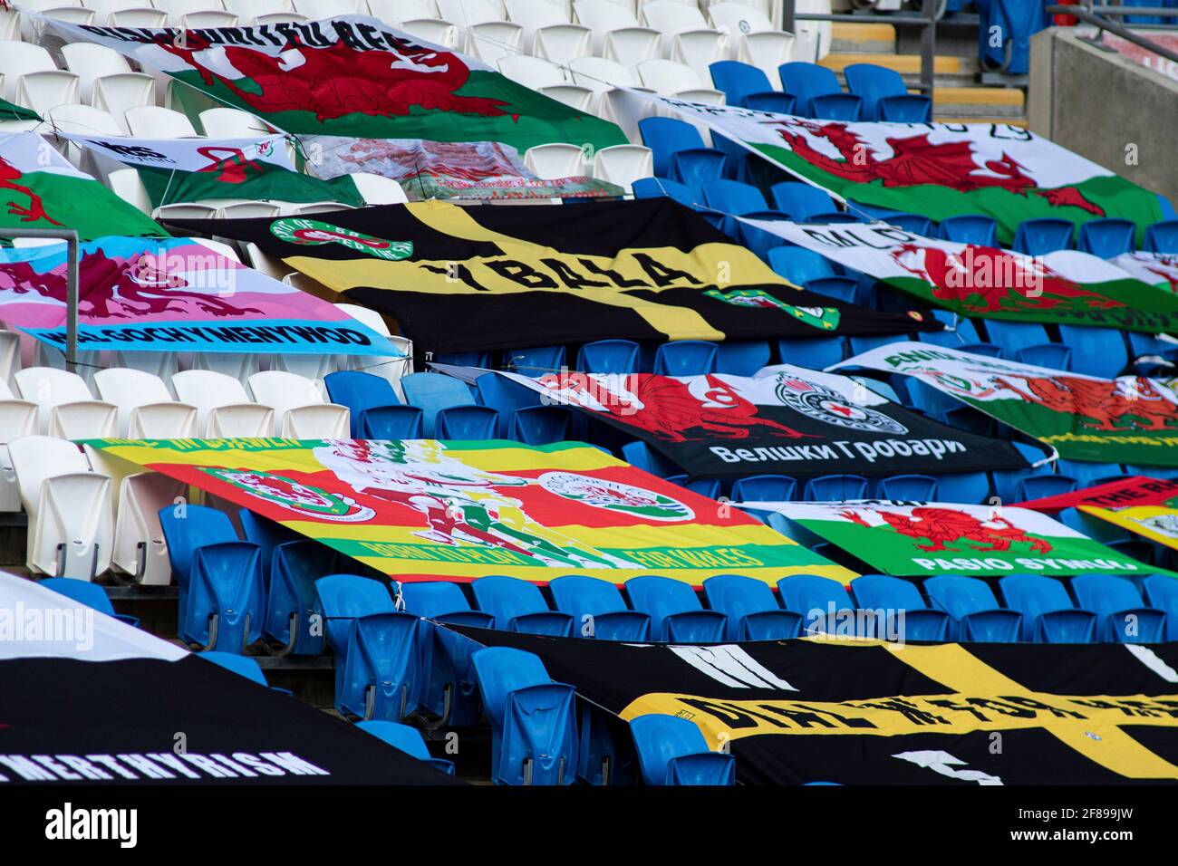 Cardiff, UK. 12th Apr, 2021. Welsh flags on display in the Canton End ...