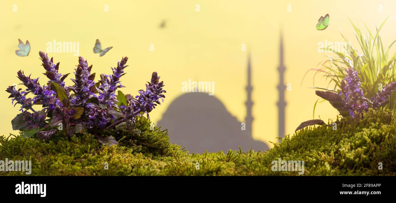 Silhouette mosque at sunset on background with spring flowers Stock ...