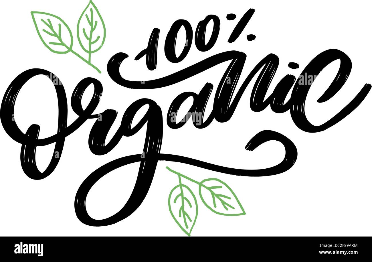 Organic brush lettering. Hand drawn word organic with green leaves ...