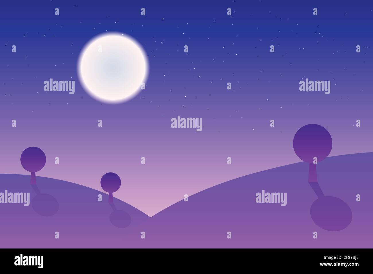 Purple night landscape with hills trees and a moon and stars Stock ...
