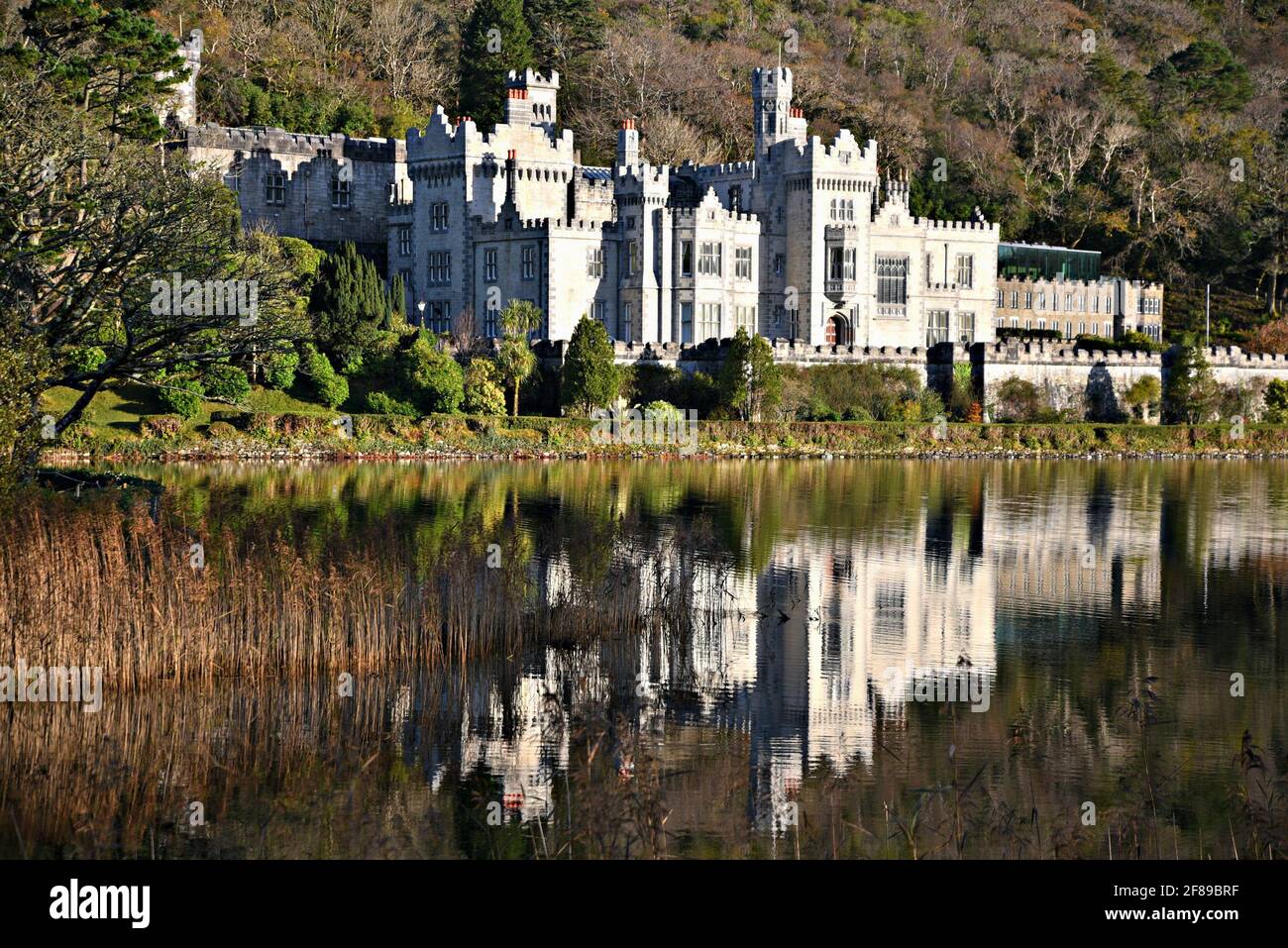 Landscape with scenic view of Kylemore Abbey Castle and Victorian ...
