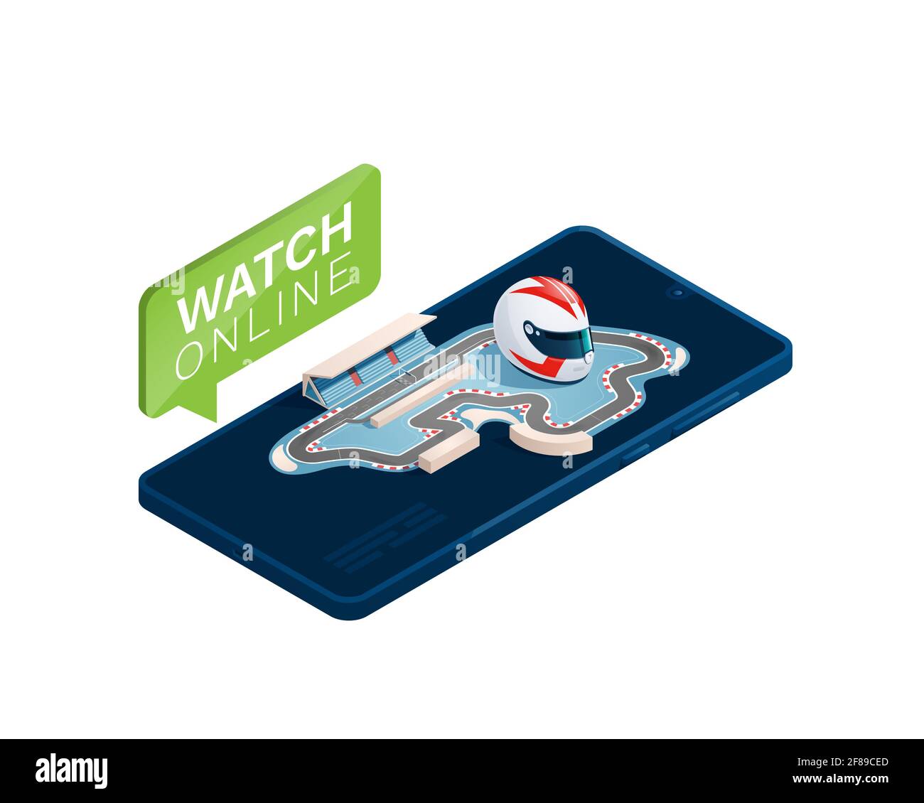 Race track, racing helmet on a smartphone. Isometric vector ...