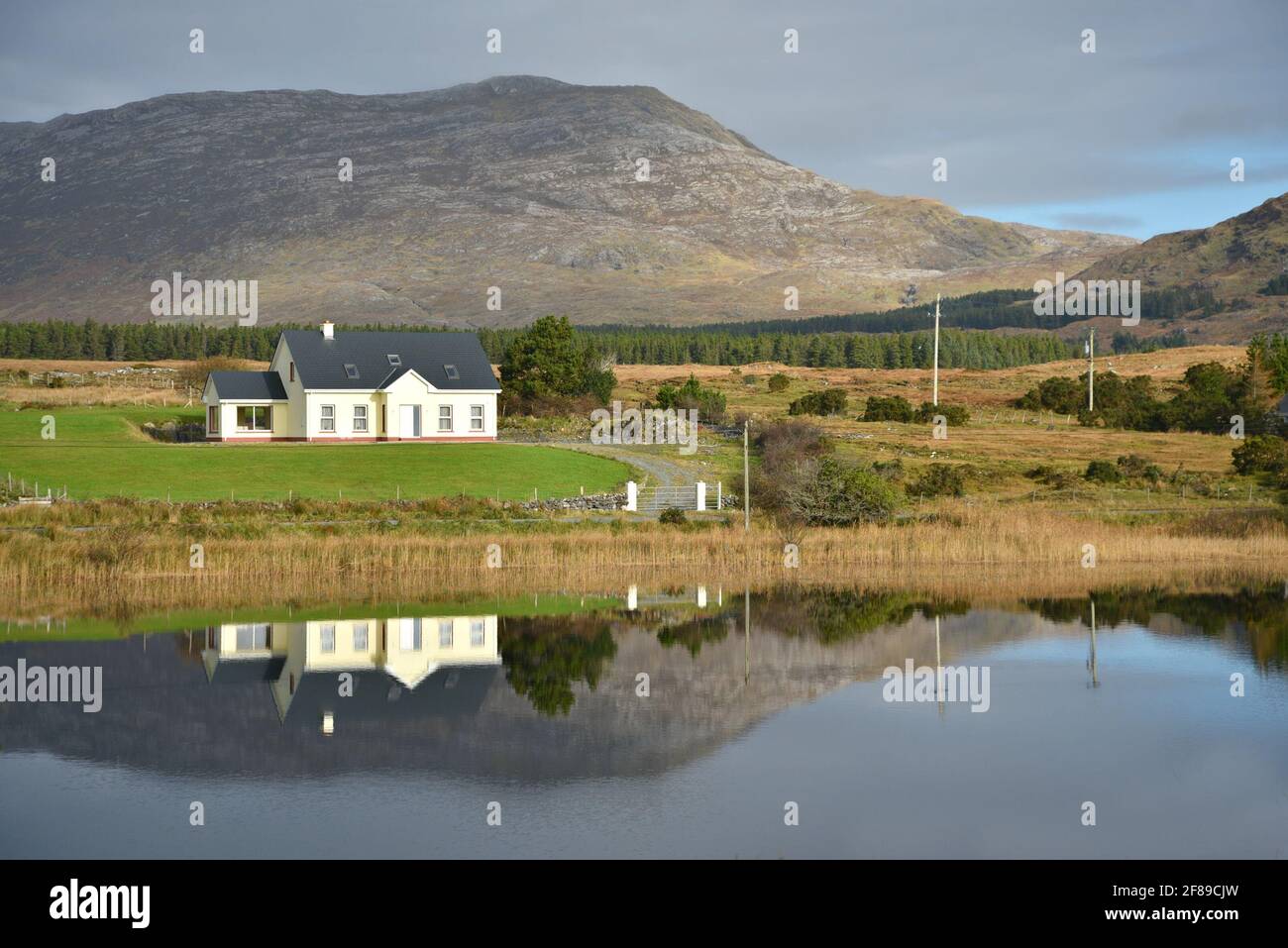 Scenic Irish landscape with traditional rural cottages in the ...