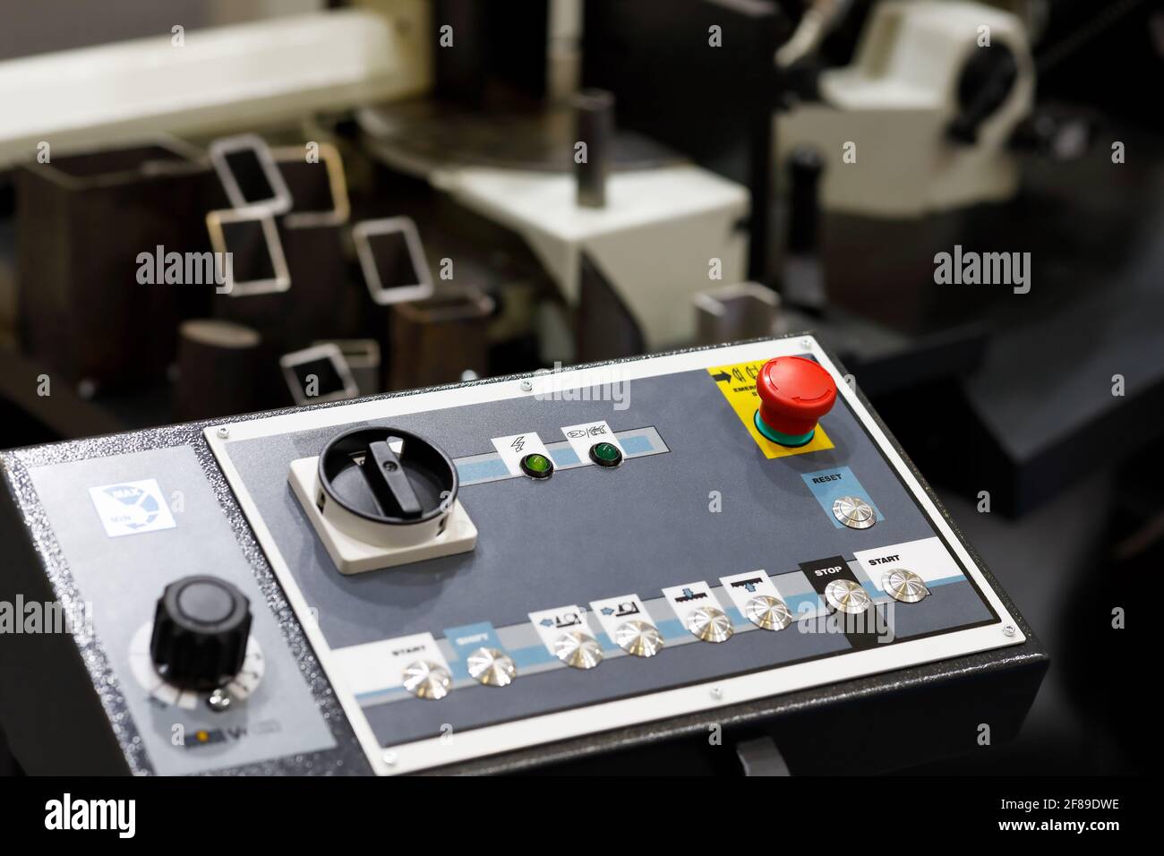 Control panel of automatic metal cutting band saw machine. Selective ...