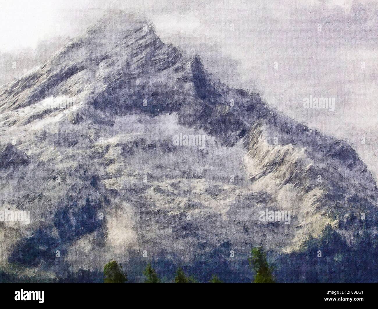 Oil painting illustration of Austrian Alps mountain peak. Snow covered ...