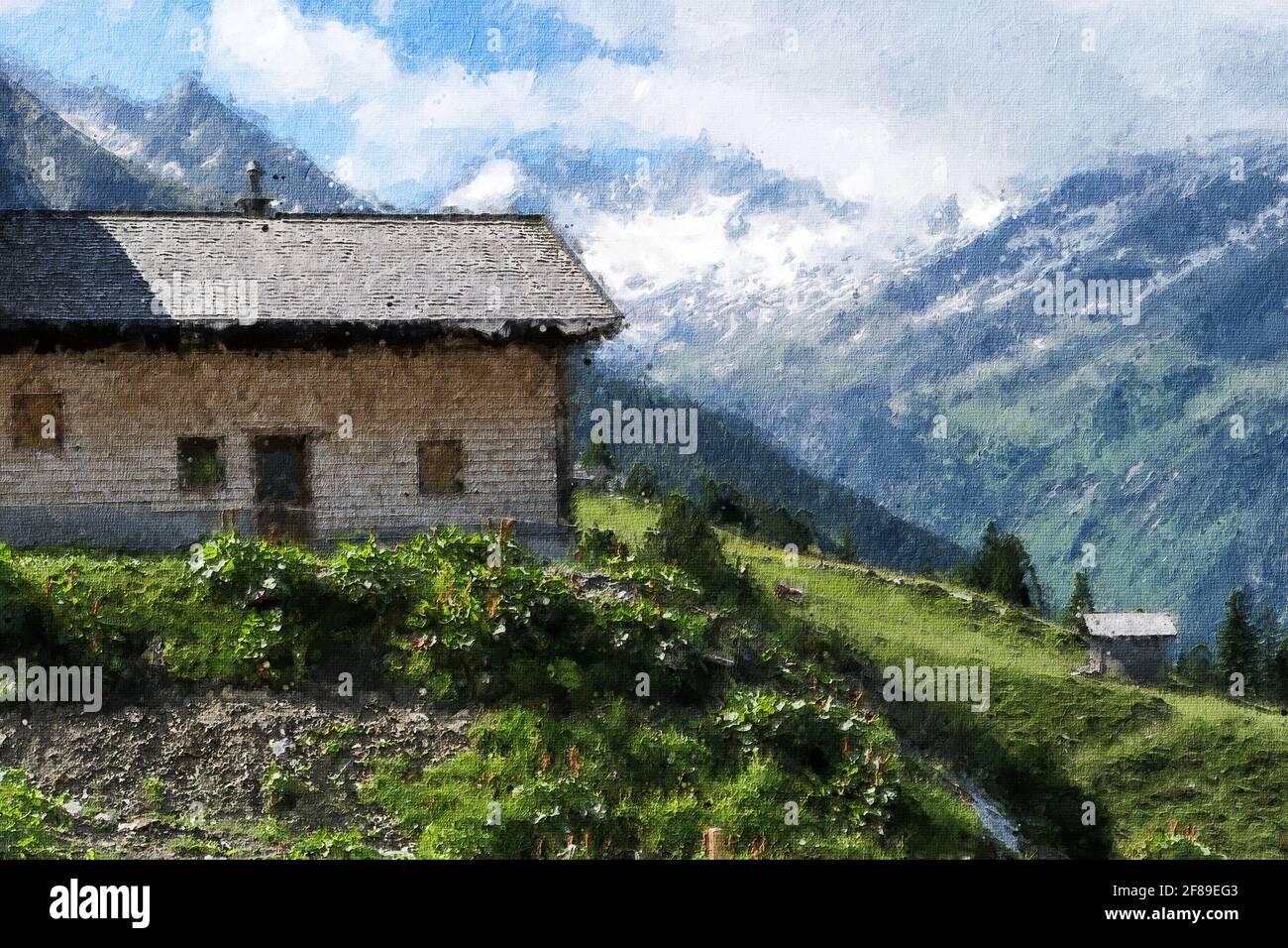 Oil painting illustration of Austrian Alps.Traditional barn in Tirol ...