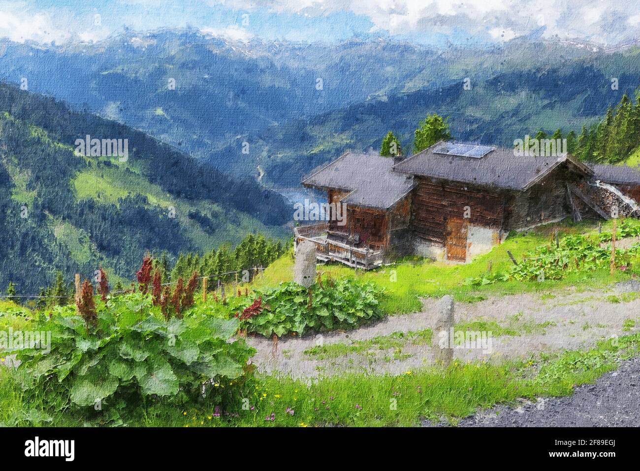 Oil painting illustration of Austrian Alps.Traditional barn in Tirol ...