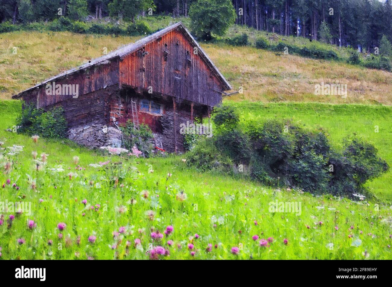 Oil painting illustration of Austrian Alps.Traditional barn in Tirol ...
