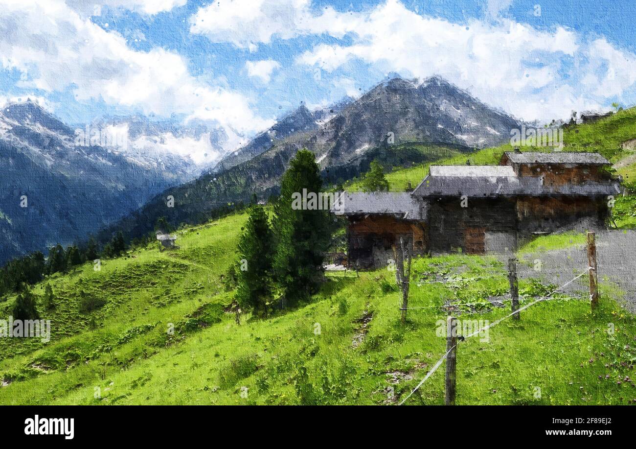 Oil painting illustration of Austrian Alps.Traditional barn in Tirol ...