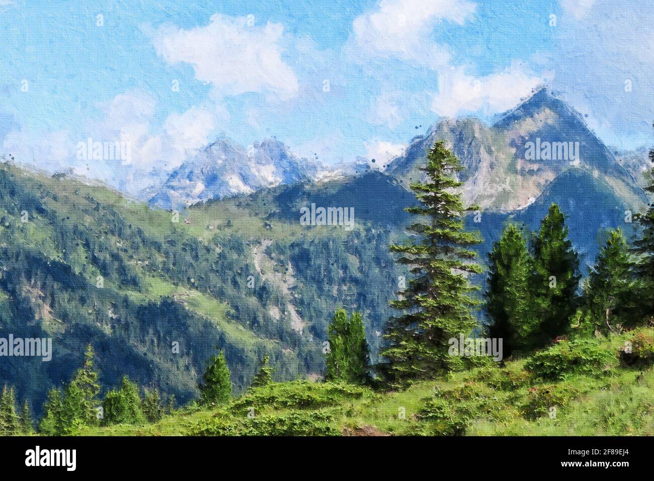 Oil painting illustration of Austrian Alps. Mountain forest with hiking ...
