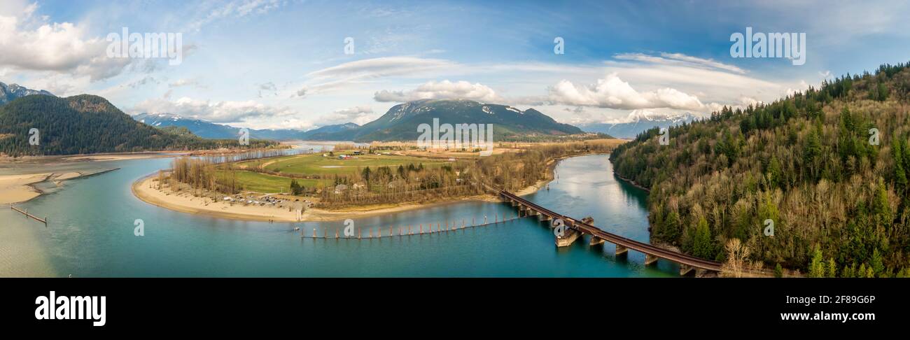 Aerial Panoramic View of a River in the valley surrounded by Canadian ...