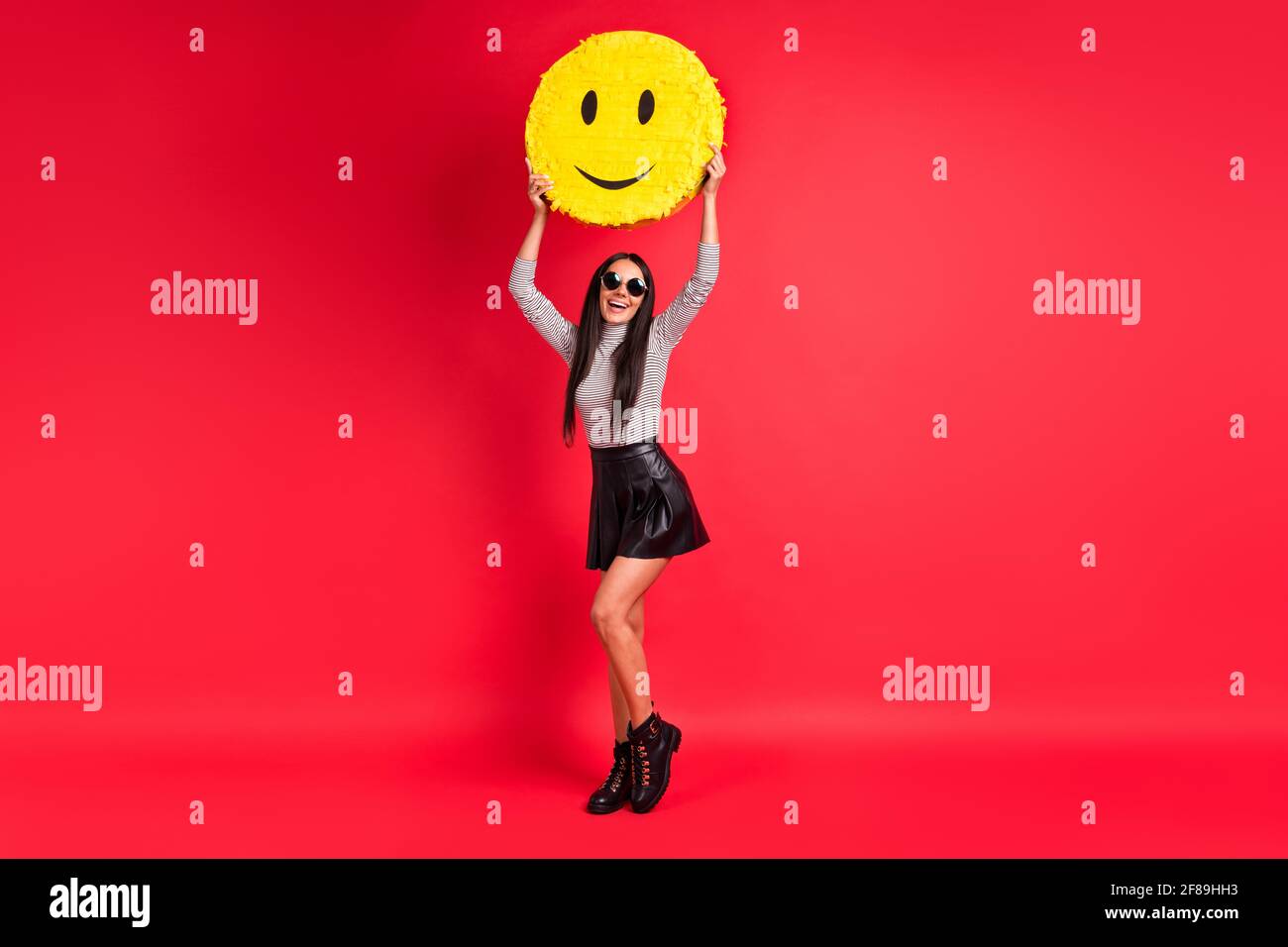 Full length photo of happy nice woman raise big smile emoji above head ...