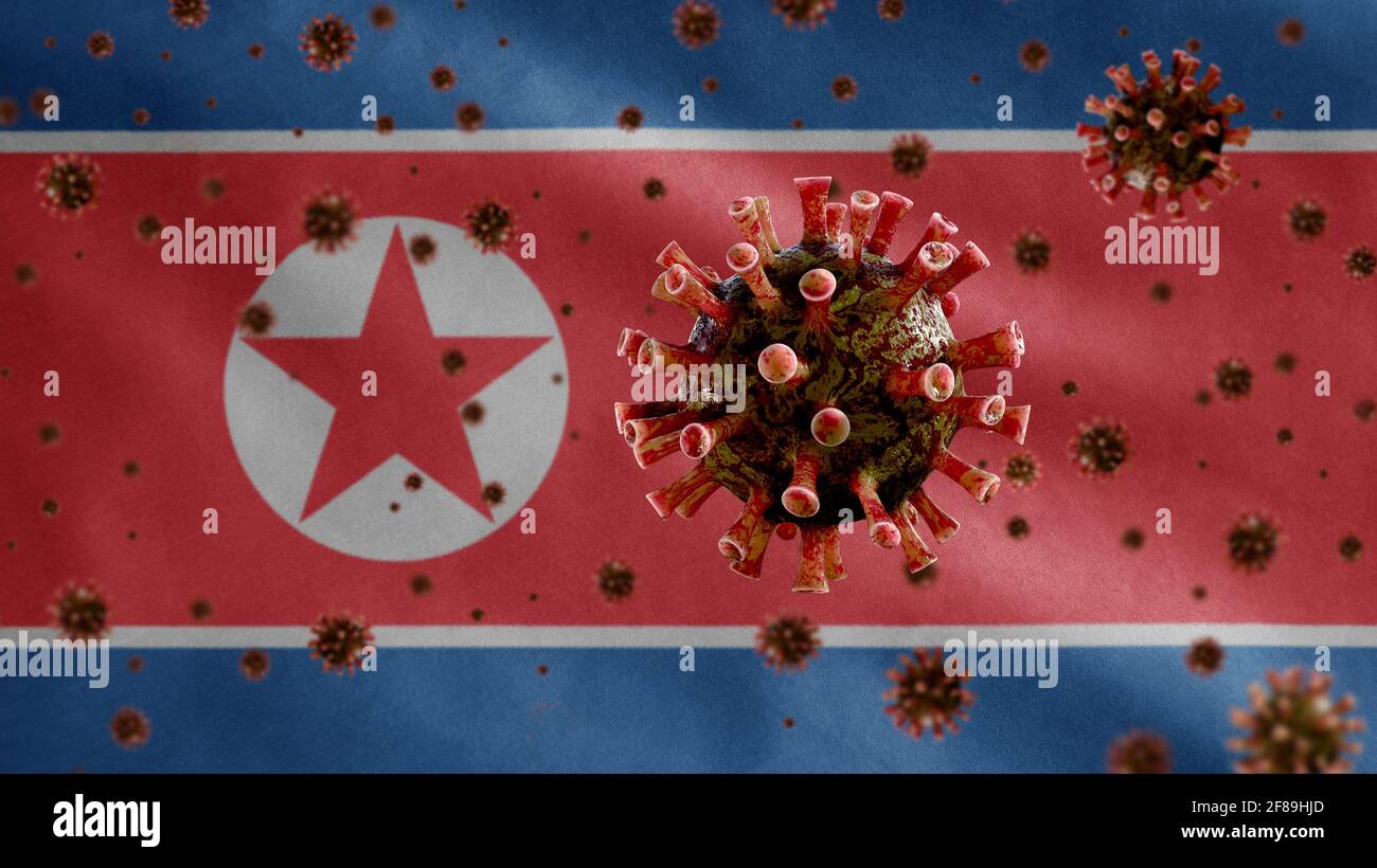 3D, Flu coronavirus floating over North Korean flag, a pathogen that ...