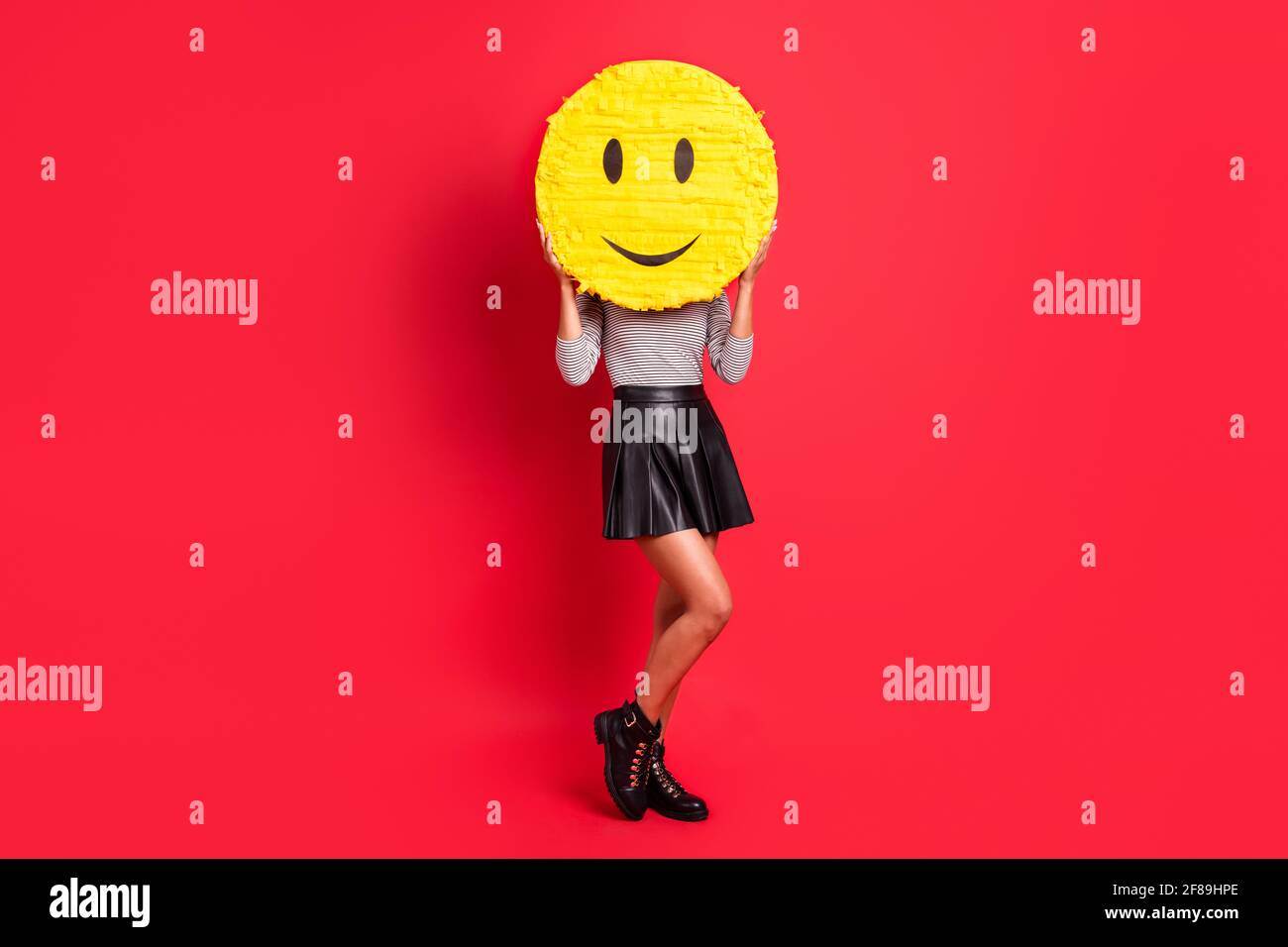 Full length body size view of nice slim girl holding in hands closing ...