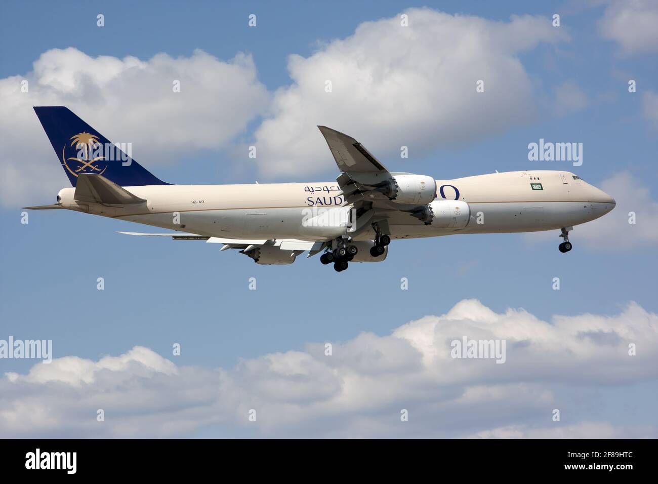 A Saudi Arabian Airlines Cargo Boeing 747-800F lands at Frankfurt Rhein ...