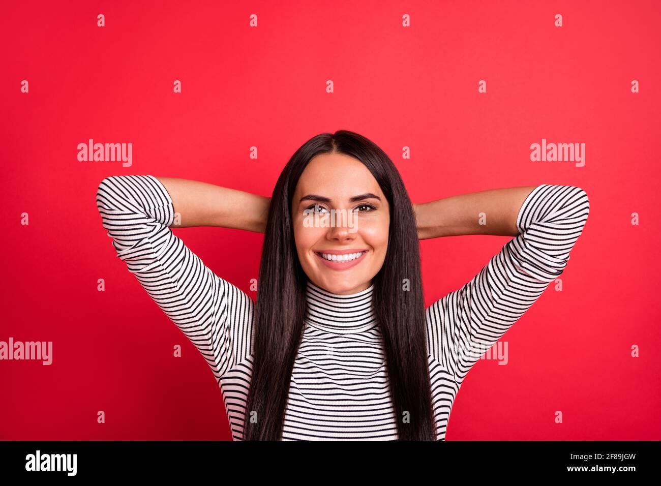 Portrait of attractive cheerful calm long-haired girl resting harmony ...
