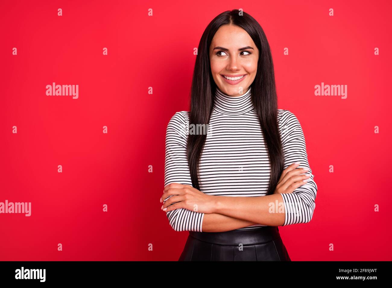 Photo of young happy smiling cheerful positive lovely girl with folded ...