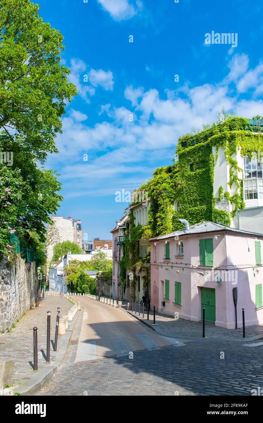 Paris, France, famous pink house and buildings in Montmartre, in a ...