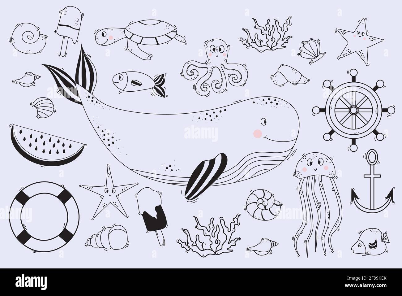 Large set of linear marine life. Underwater inhabitants - whale and ...