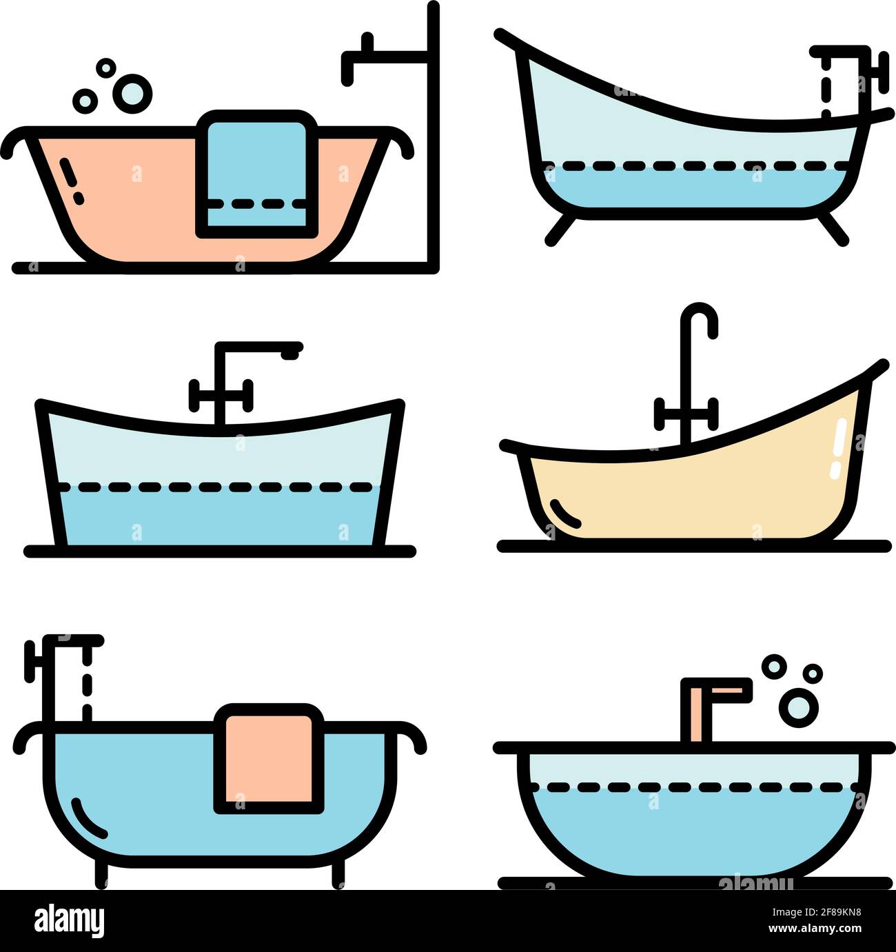 Bathtub simple color icon set. Bath symbol. Vector simple isolated ...