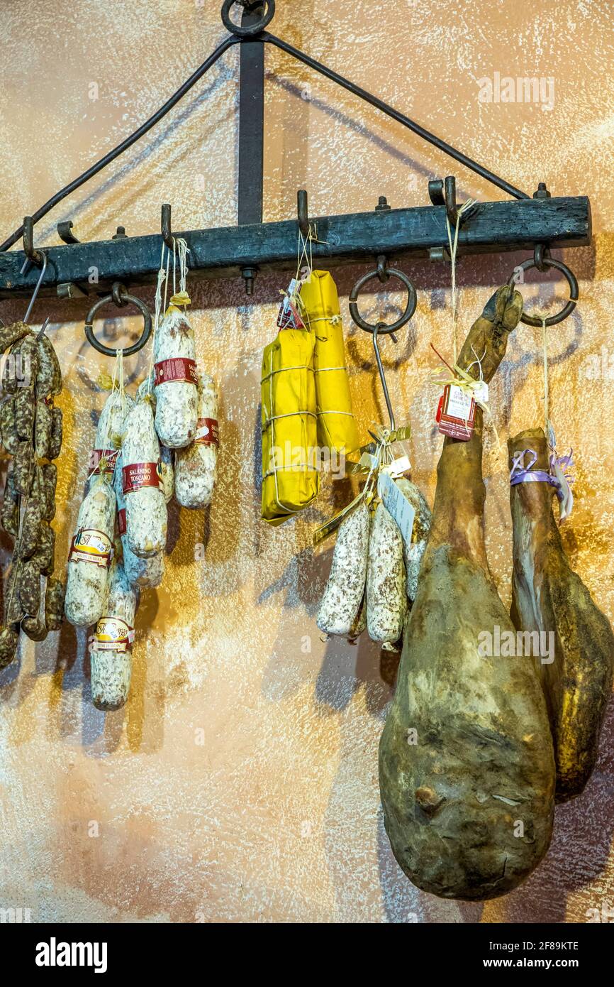 Pienza, Tuscany, Italy. Salami, sausages and prosciutto hanging on a ...