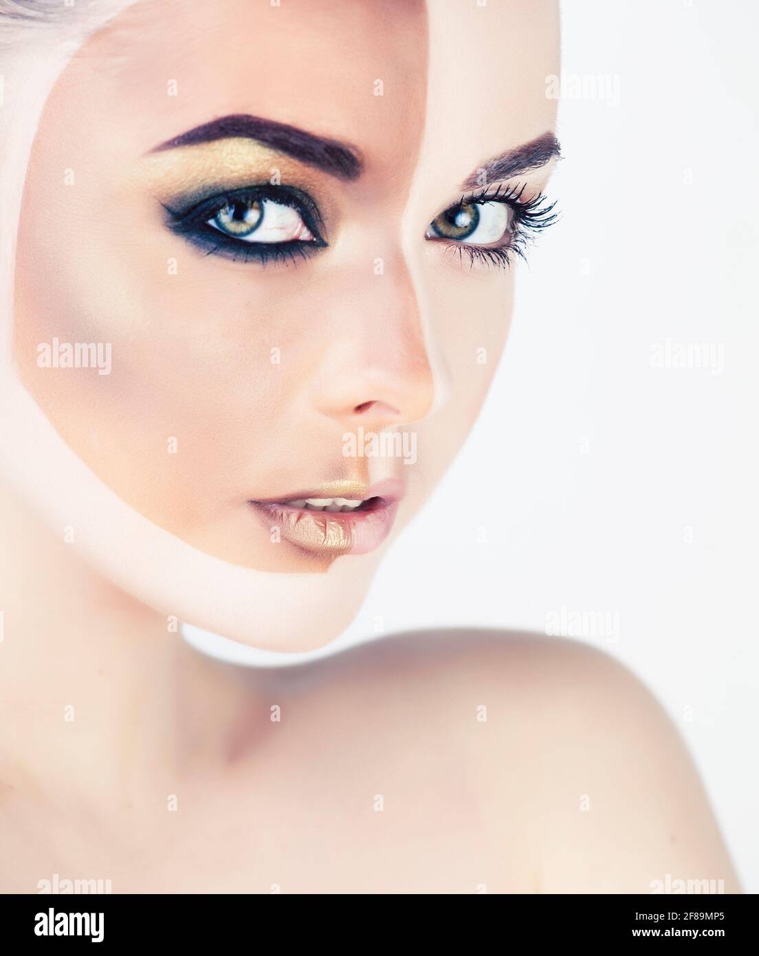 half faced woman with creative makeup like before sunbathe and after ...