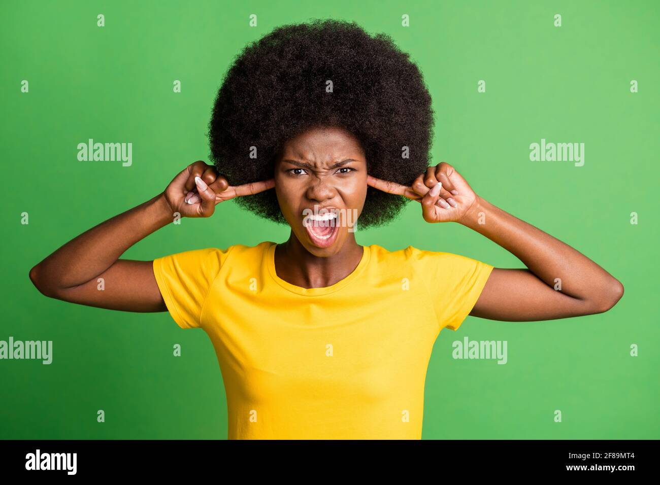 Photo portrait of furious crazy woman close ears loud noise shouting ...