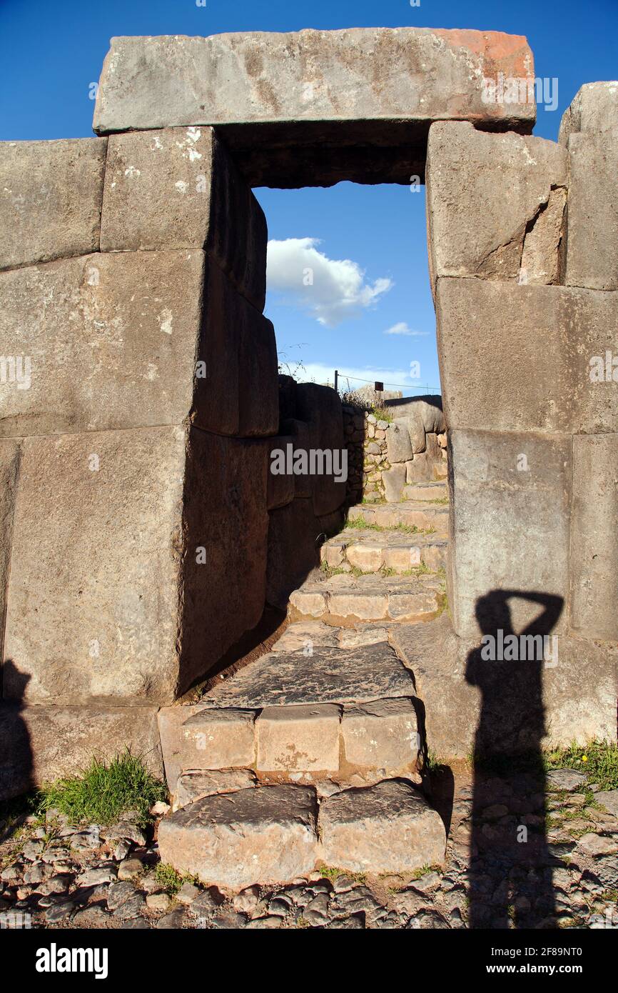 Stone door. View of Sacsayhuaman, Inca ruins in Cusco or Cuzco town ...