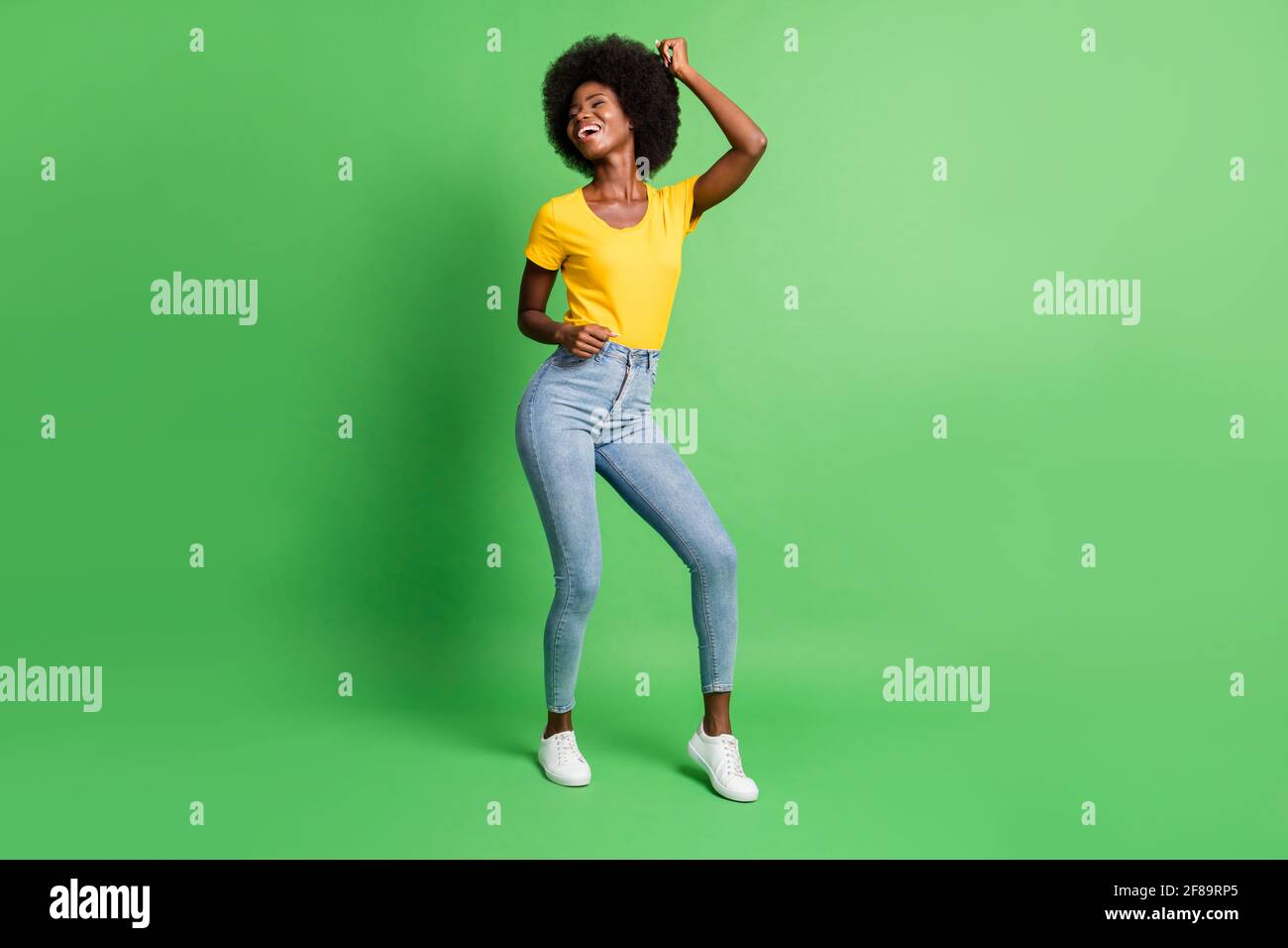 Full length body size photo of dancing overjoyed girl laughing at party ...