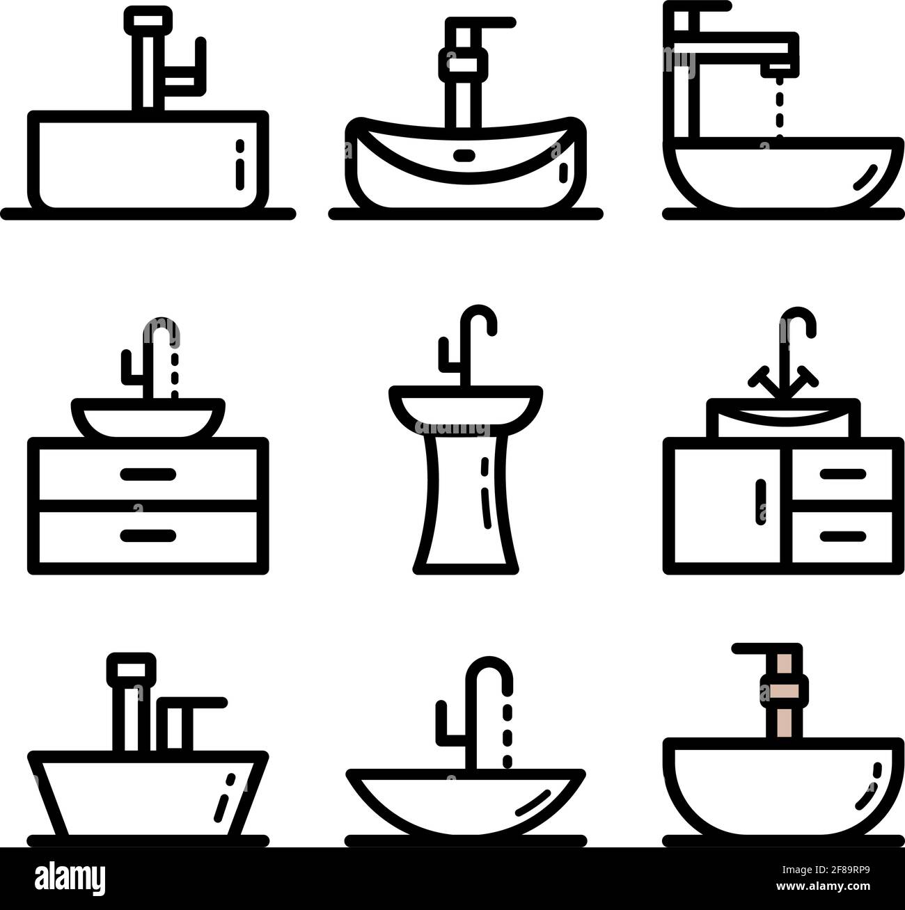 Sink outline icons set isolated on white background. Vector washbasin ...