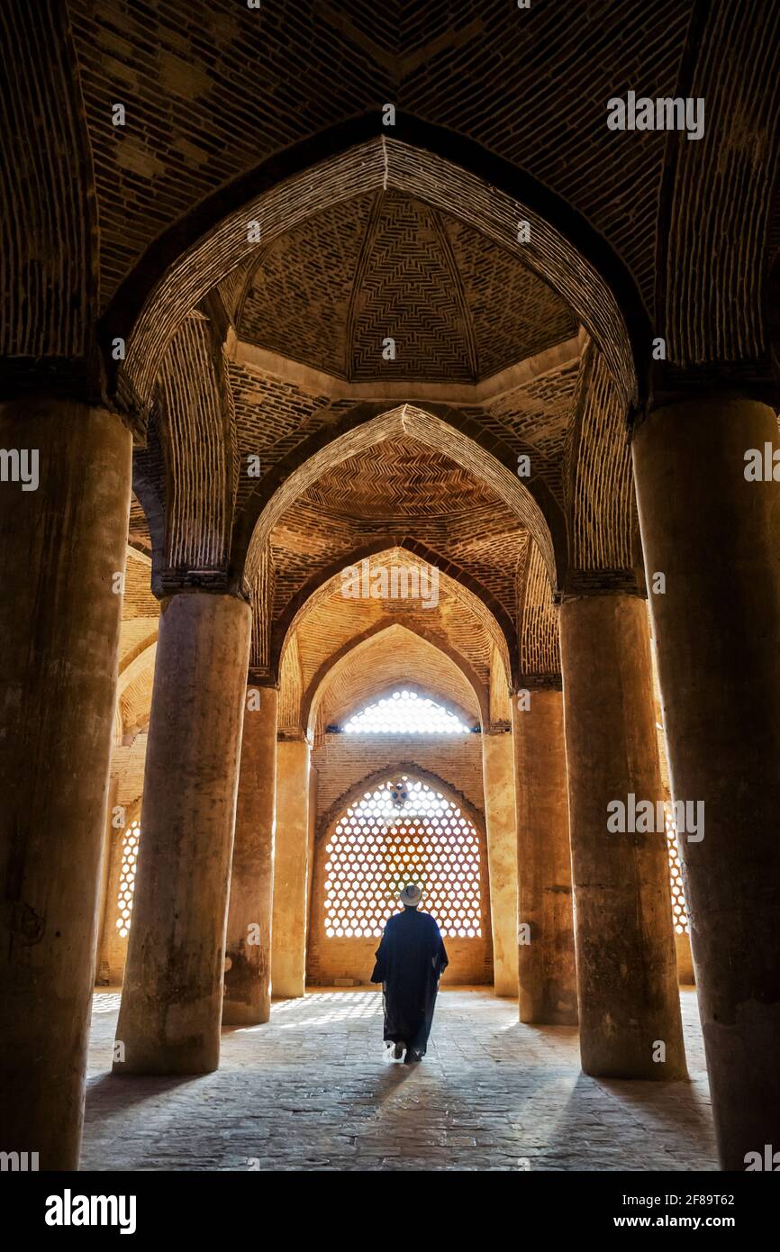 Ancient fourty columns, inside the Jameh Mosque. It is Interior view of ...